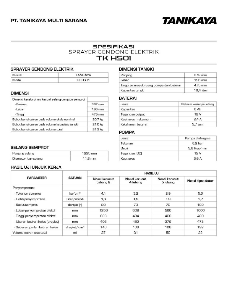 Spesifikasi Hand Sprayer Electric TK HS01 | PDF