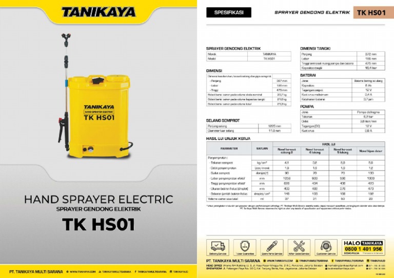 Brosur & Spesifikasi Hand Sprayer Electric TK HS01 | PDF