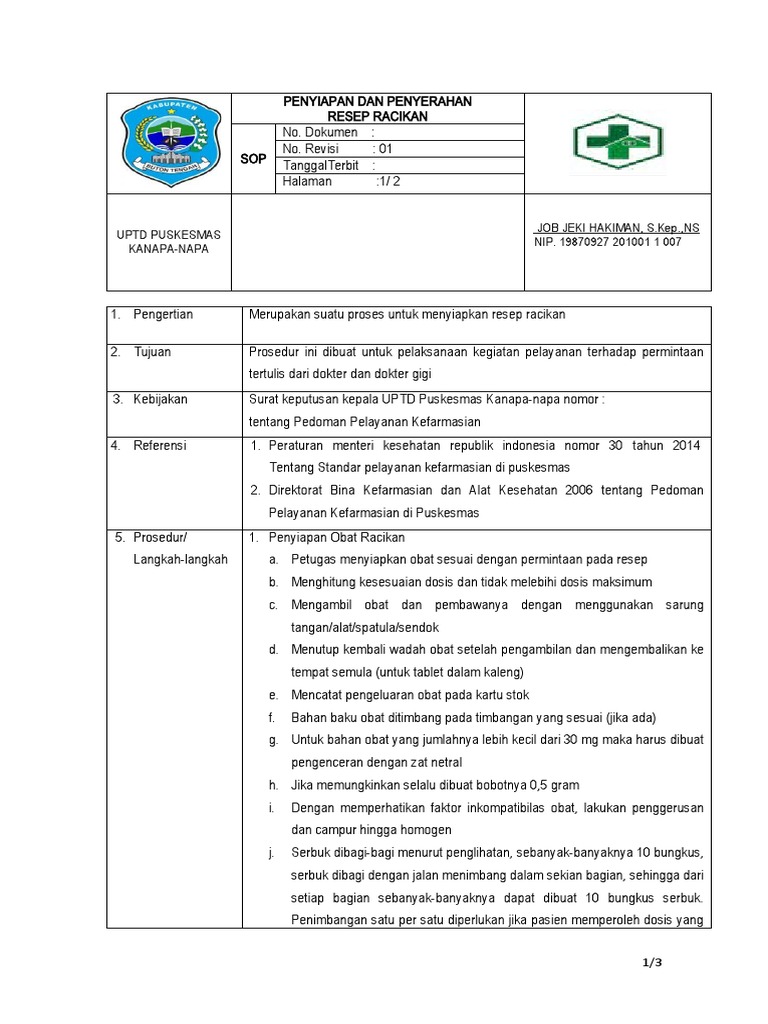 STANDAR OPERASIONAL PROSEDUR PENYIAPAN DAN PENYERAHAN RESEP RACIKAN DI ...