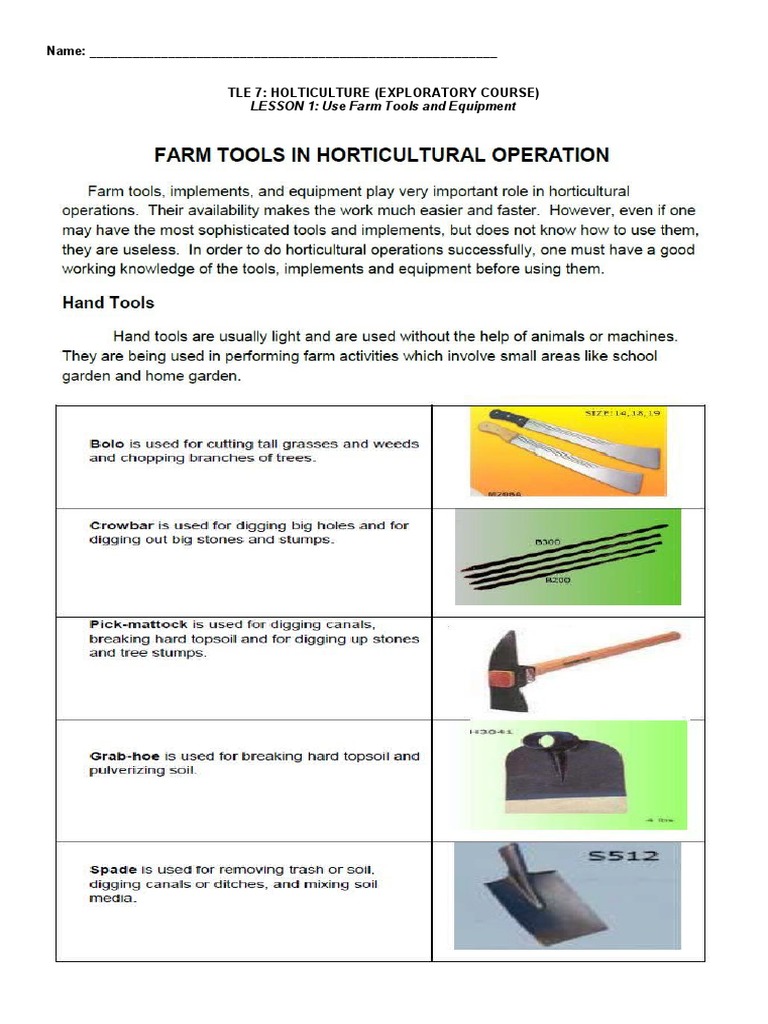 Farm Tools and Equipment in Horticulture | PDF