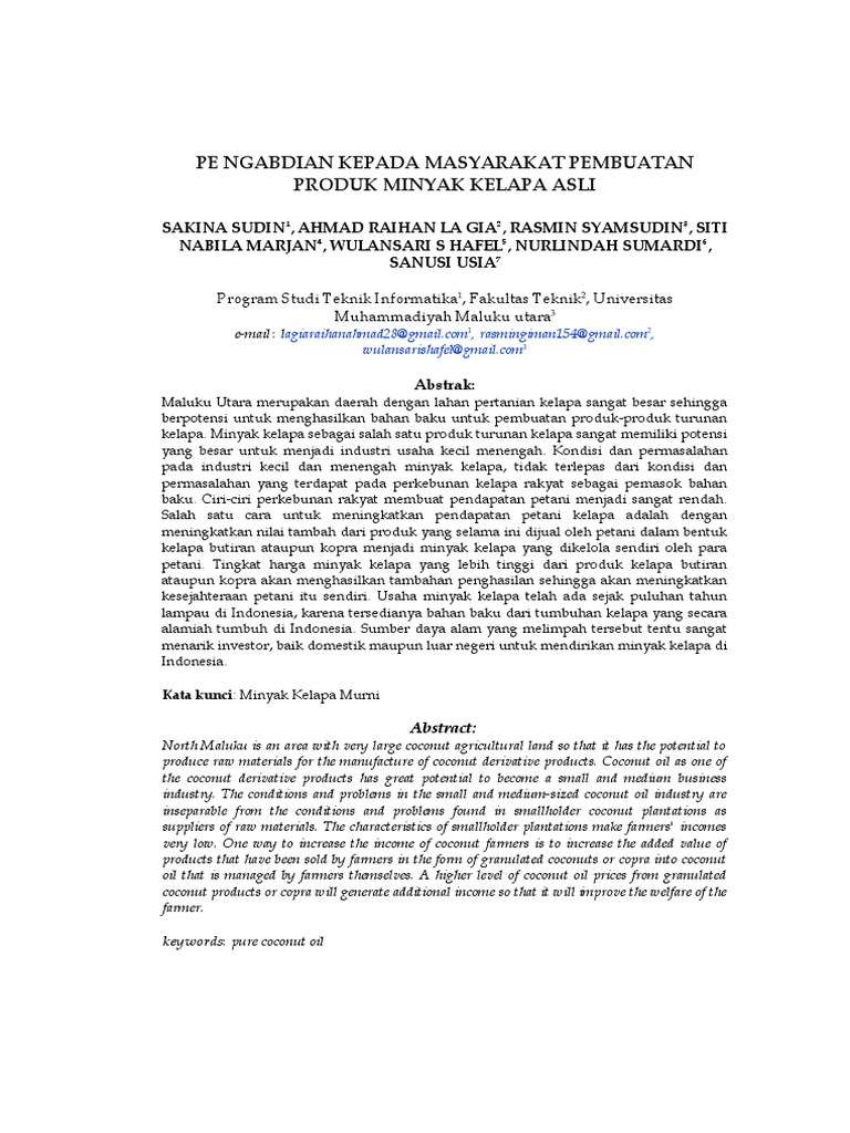 Jurnal PKM Pembuatan Produk Minyak Kelapa Murni | PDF