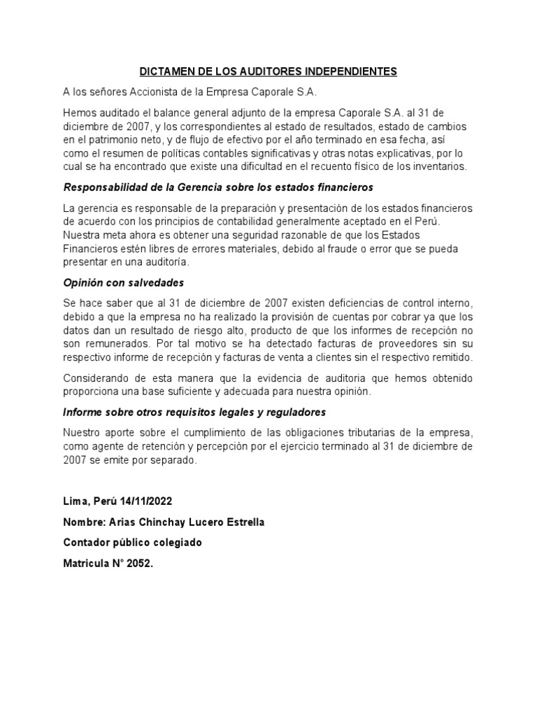 Practica Opinion Del Auditor-Arias Lucero | PDF | Negocios | Finanzas y ...