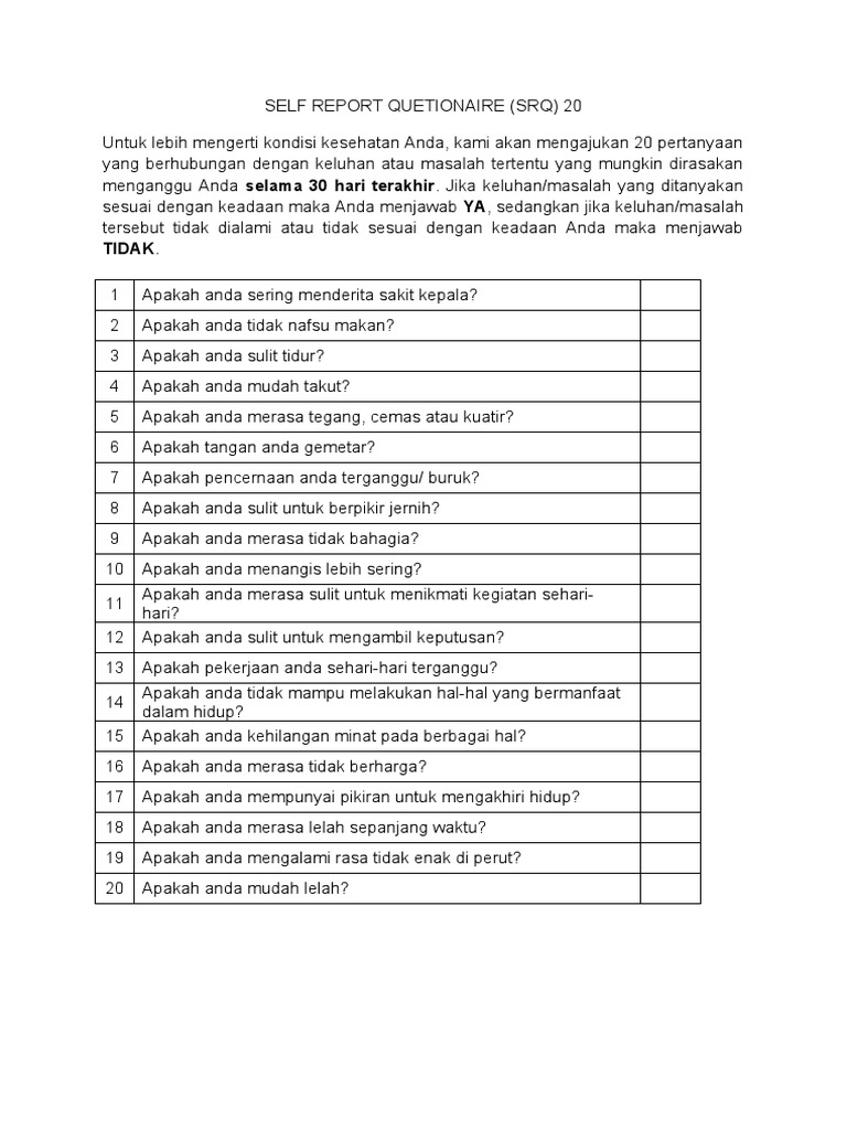 Form SRQ 20 | PDF | Pengembangan Diri