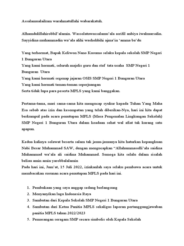 Teks MC Penutupan MPLS | PDF