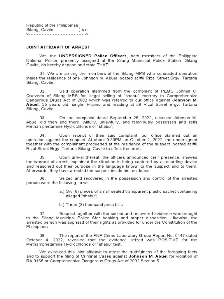 Joint Affidavit of Arrest: Shabu Case | PDF | Affidavit | Common Law