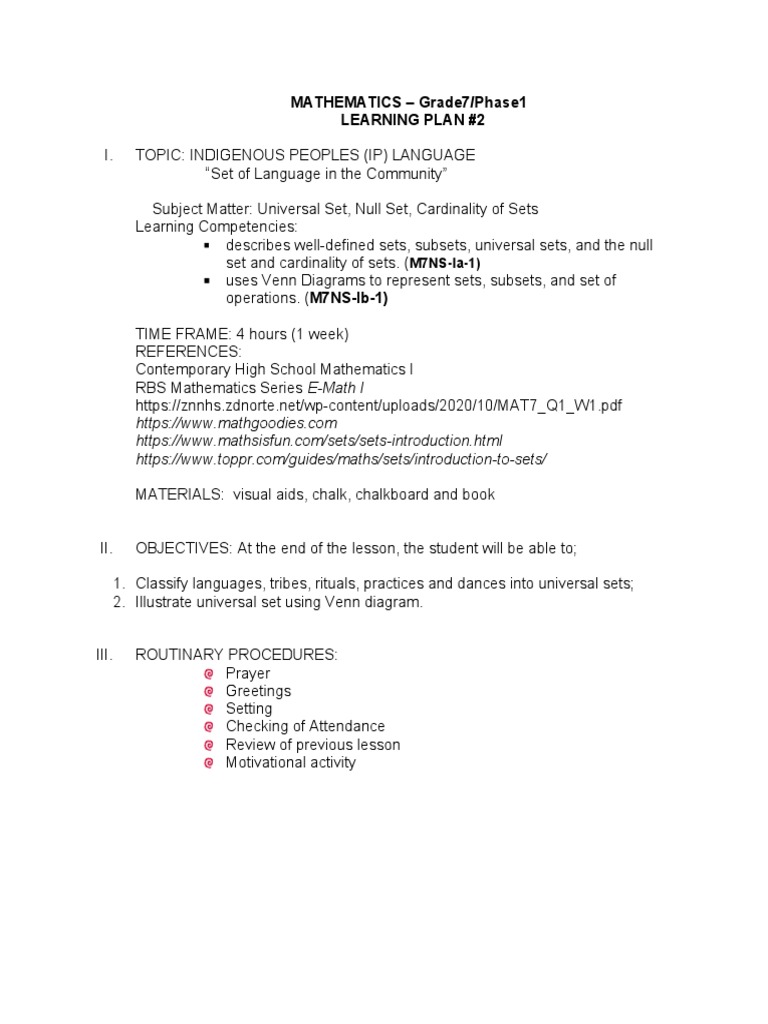 LP - MATH Gr7 Lesson2 Universal Set, Null Set, Cardinality of Set I ...