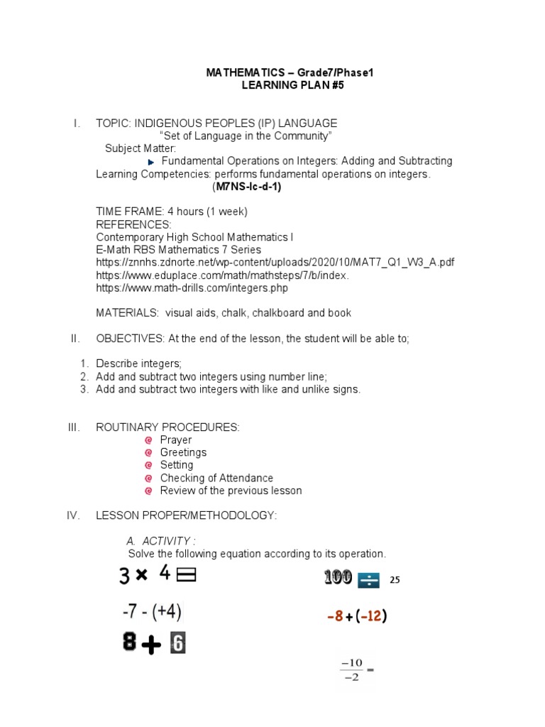 LP - MATH Gr7 Lesson5 Adding&Subracting of Integers | PDF | Subtraction ...