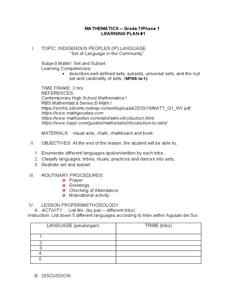 LP - MATH Gr7 Lesson1 Set & Subset I | PDF