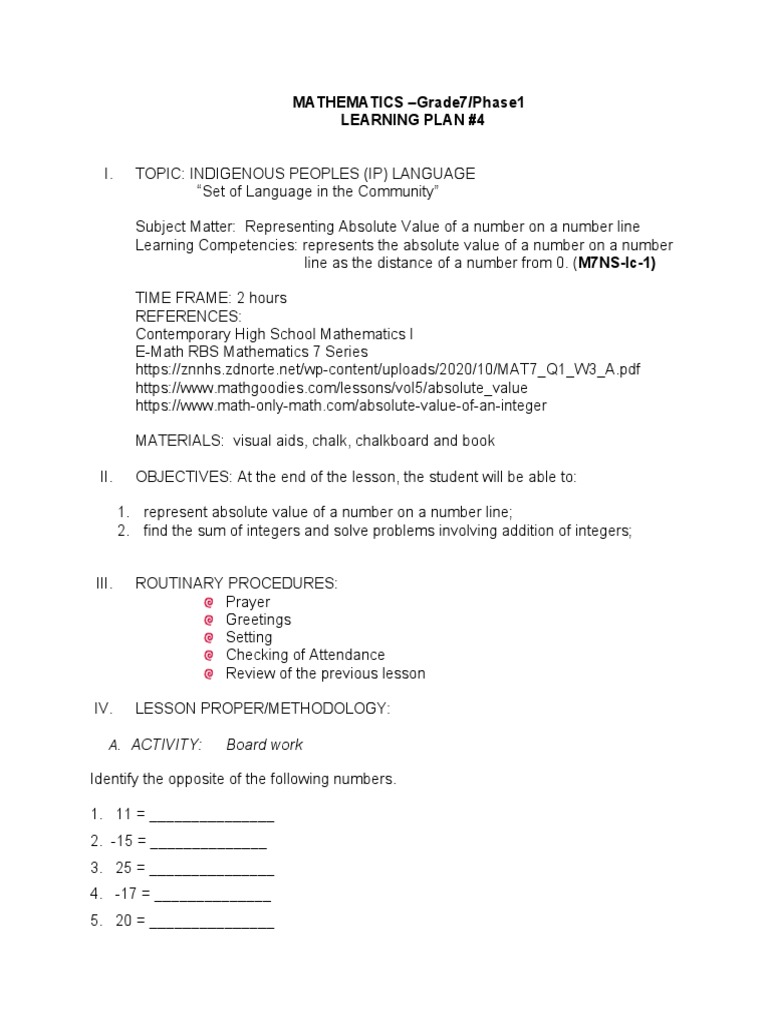 LP - MATH Gr7 Lesson4 Absolute Value and Number Line I | PDF | Numbers ...