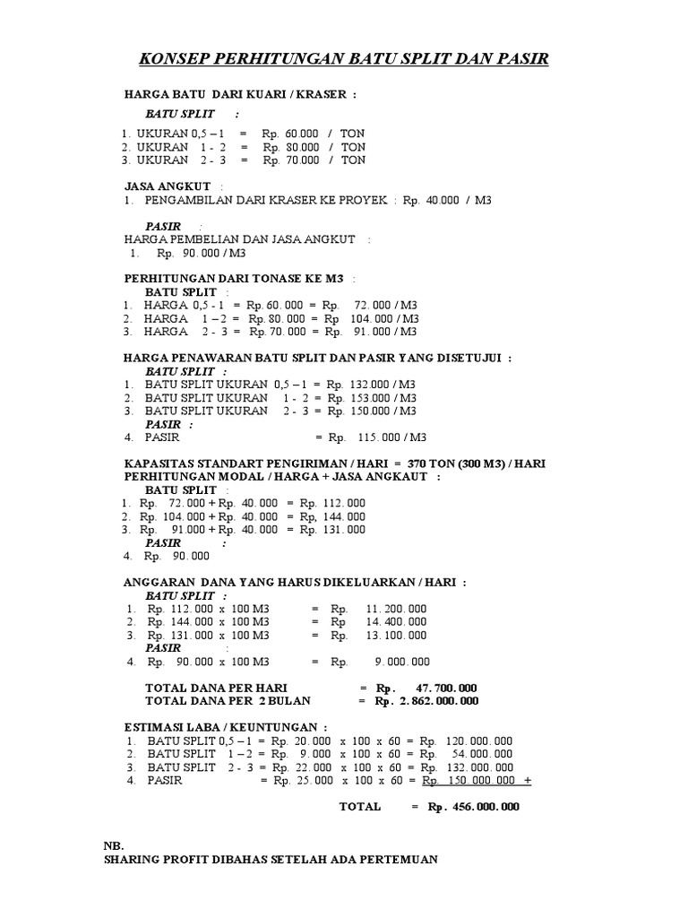 Perhitungan Harga dan Keuntungan Proyek Penyediaan Batu Split dan Pasir | PDF