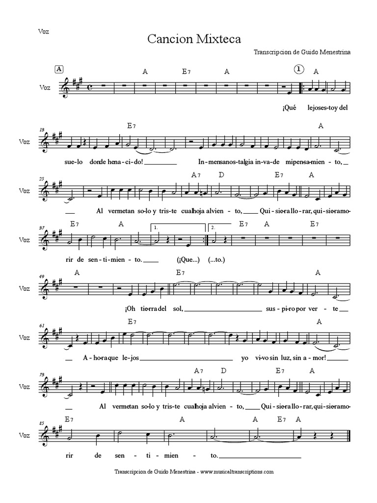 Canción Mixteca: Transcripción Vocal | PDF