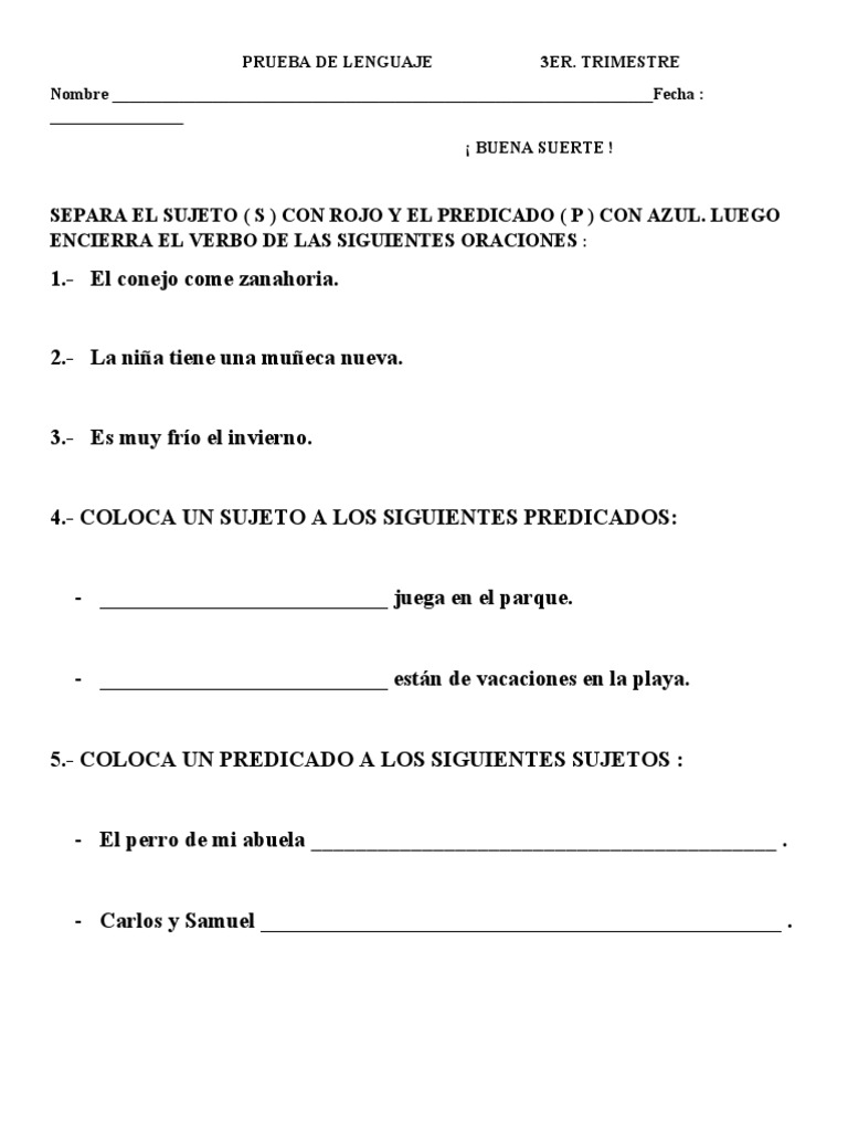 Prueba de Lenguaje Sujeto y Predicado 3er | PDF
