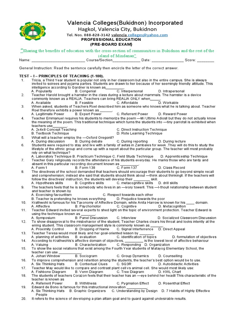 Prof. Ed Pre Board Exam | PDF