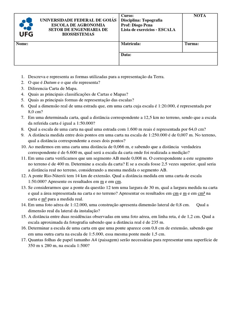 Exercícios de Topografia: Escalas e Representações | PDF