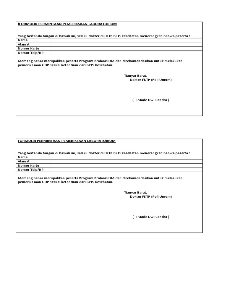 Formulir Permintaan Cek Lab BPJS | PDF | Kesehatan Holistik | Sains ...