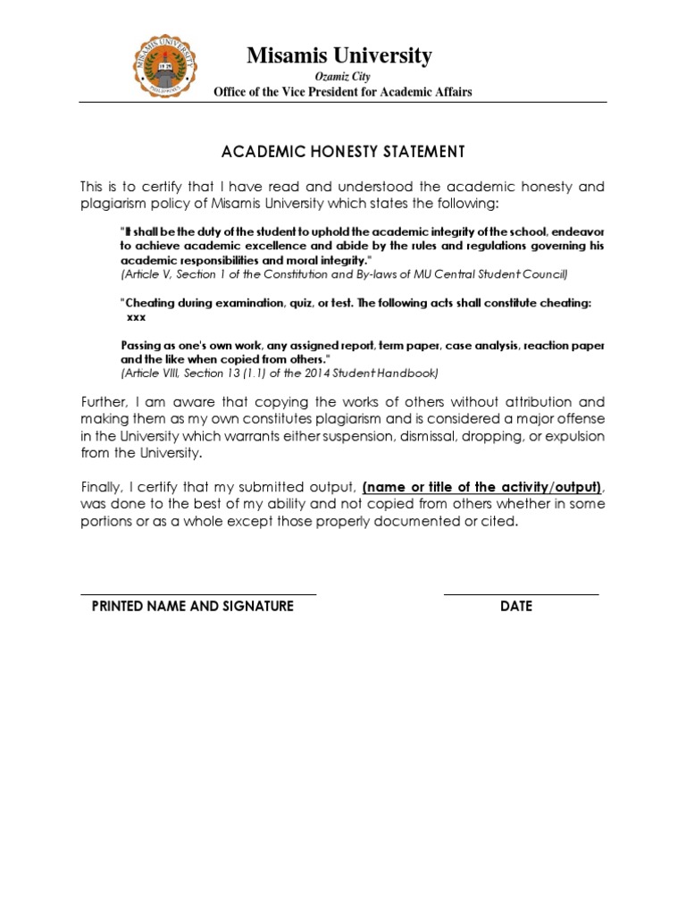 Academic Honesty Statement | PDF