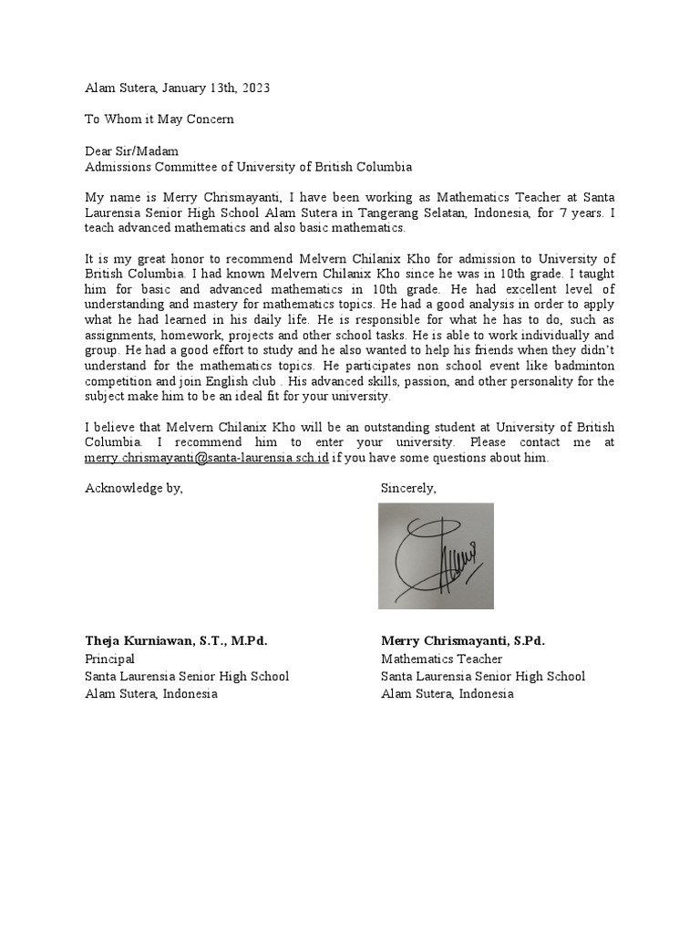 Teacher Recommendation Letter-Melvern Cho - UBC | PDF