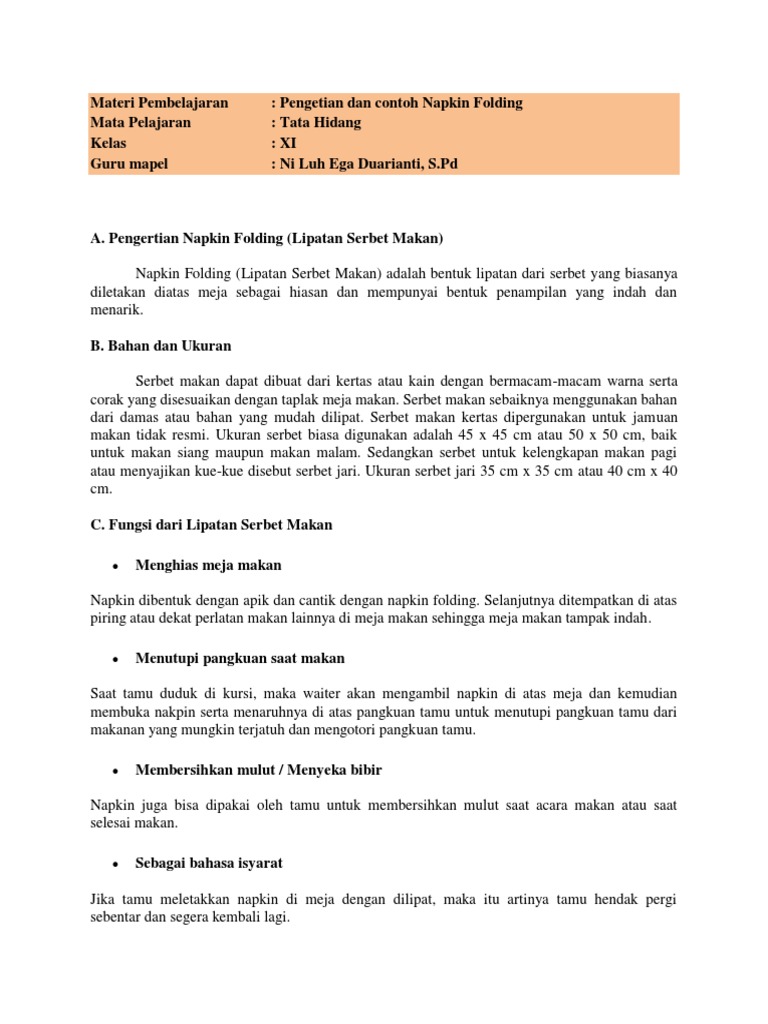 Pengertian Dan Contoh Napkin Folding Pdf