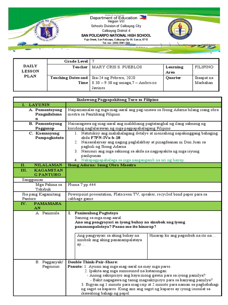 DAILY LESSON PLAN - Aralin 2 IBONG ADARNA | PDF