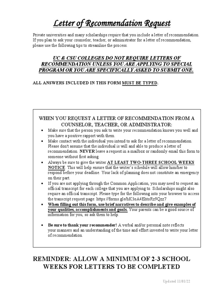Letter of Rec Fillable Request Form 11-1-22 | PDF | Leadership