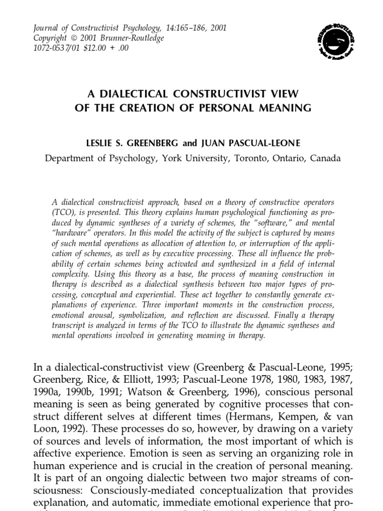 A Dialectical Constructivist View Of The Creation Of Personal Meaning Pdf Emotions Self