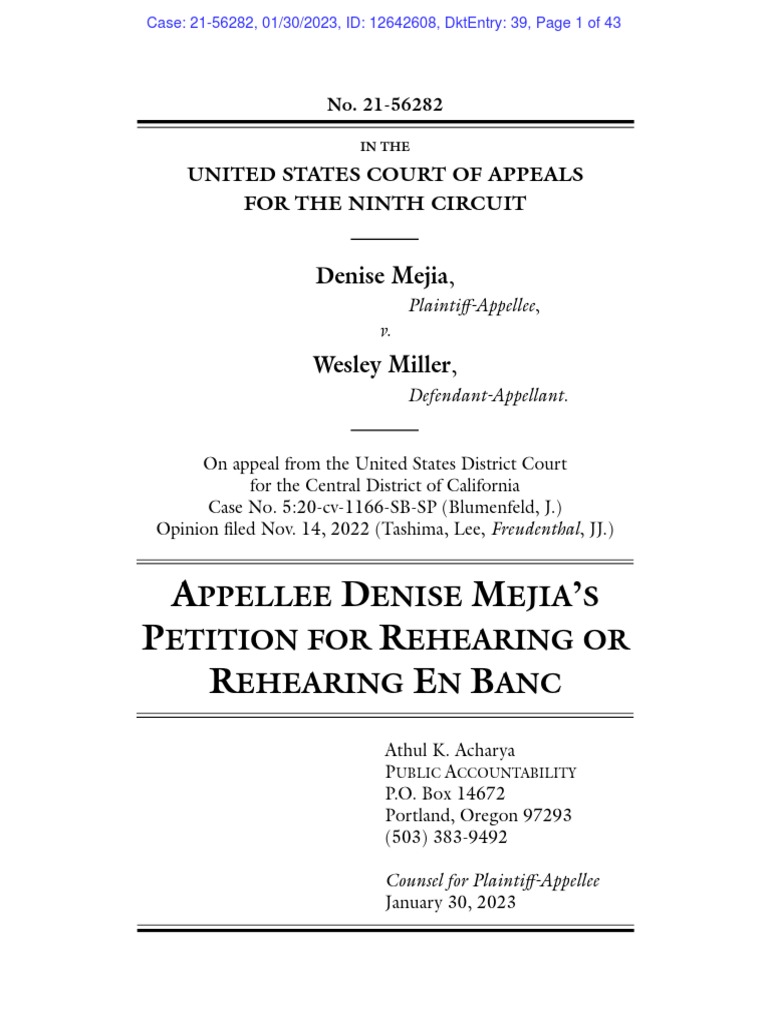 Mejia v. Miller - Petition For Rehearing en Banc | PDF | Bivens V. Six Unknown Named Agents | Courts