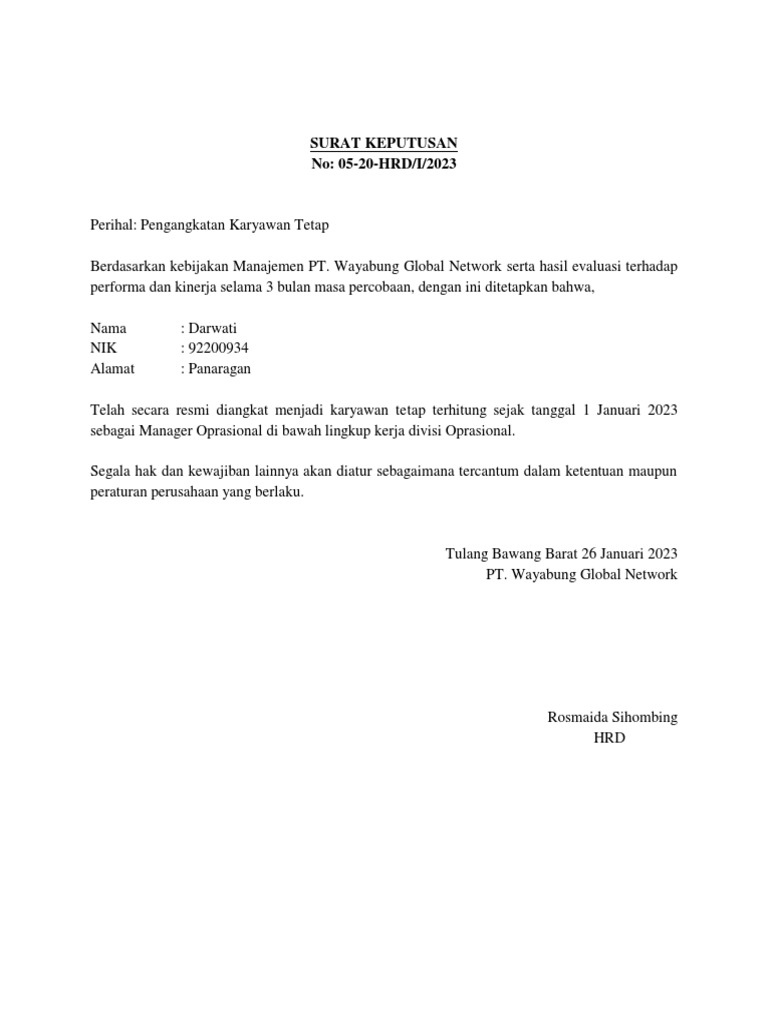 Contoh Surat Pengangkatan Karyawan Lengkap 1 | PDF