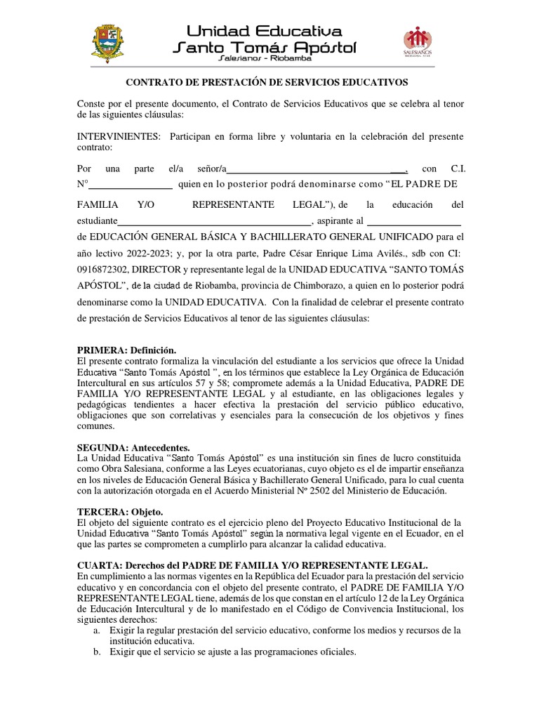 Contrato educativo Unidad-Padre familia | PDF | Institución | Pensión