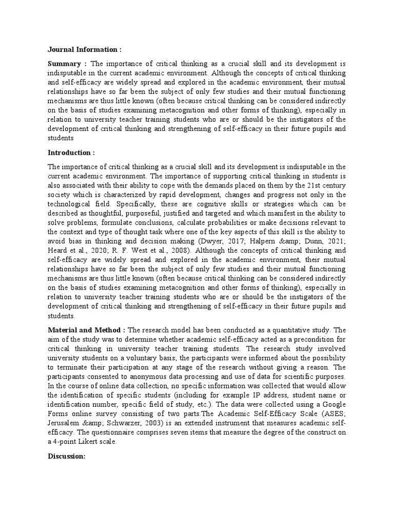 Review | PDF | Critical Thinking | Self Efficacy