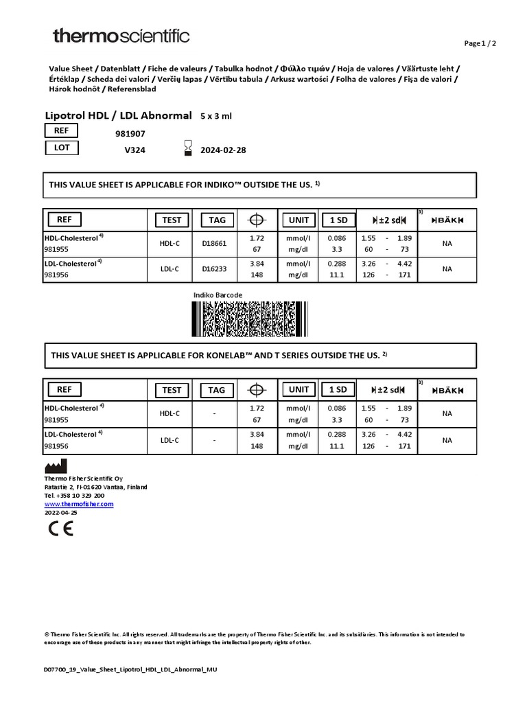 D07700 19 Value Sheet Lipotrol HDL LDL Abnormal MU | PDF