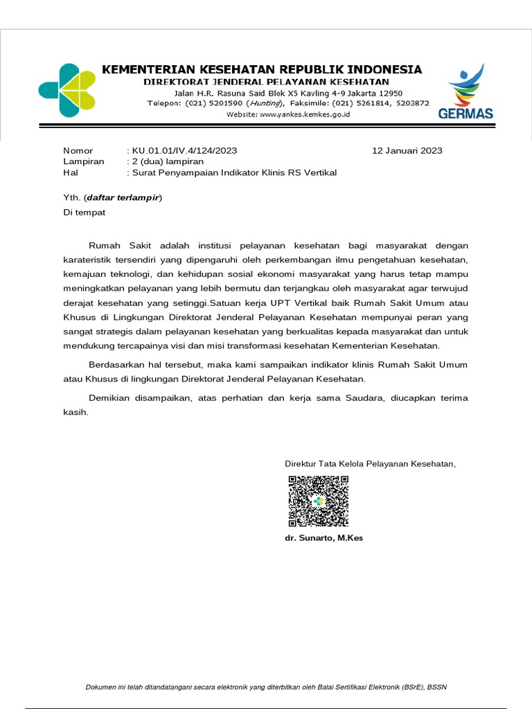 Surat Penyampaian Indikator Klinis RS Vertikal | PDF | Sains & Matematika