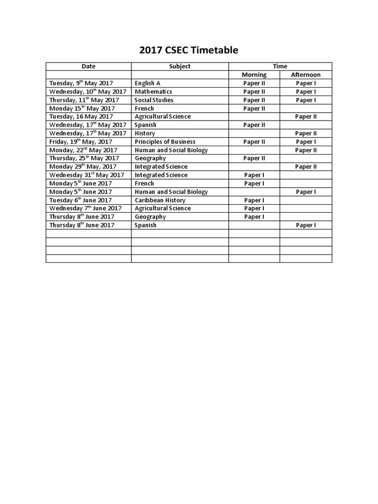 2017 Csec Timetable | PDF