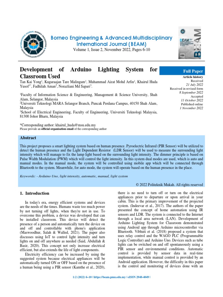 Development of Arduino Lighting System For Classroom Used | PDF | Arduino | Equipment