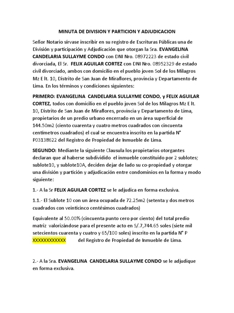Minuta de Division y Particion y Adjudicacion | PDF