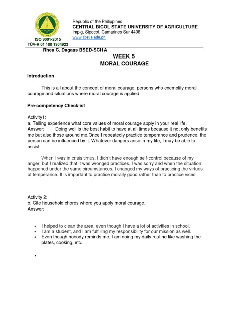 Week 5 GEC 4 ETHICS - MORAL COURAGE RHEA DAGAAS BSED-SCI1A | PDF ...