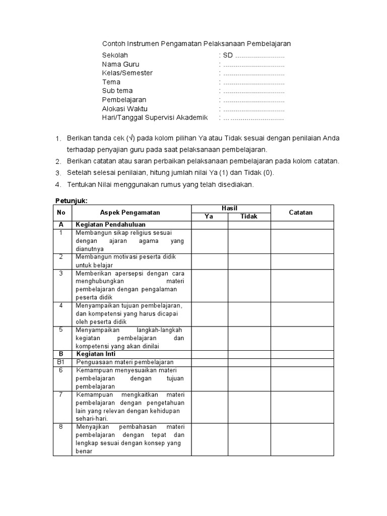 Contoh Instrumen Pengamatan Pembelajaran | PDF | Karier & Perkembangan