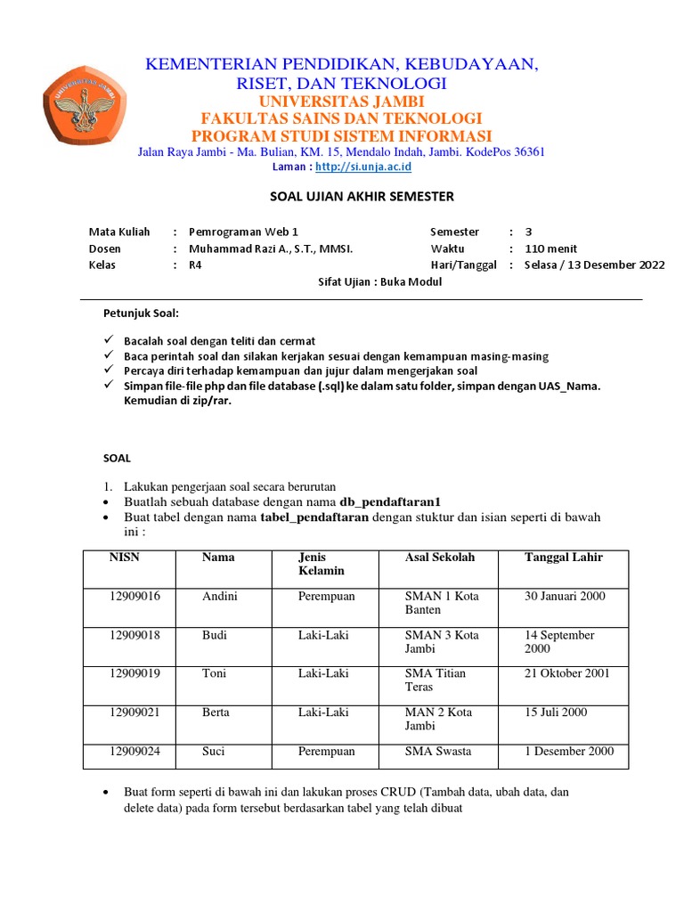SOAL UAS Pemrograman Web 1 2022 Kelas R4 | PDF
