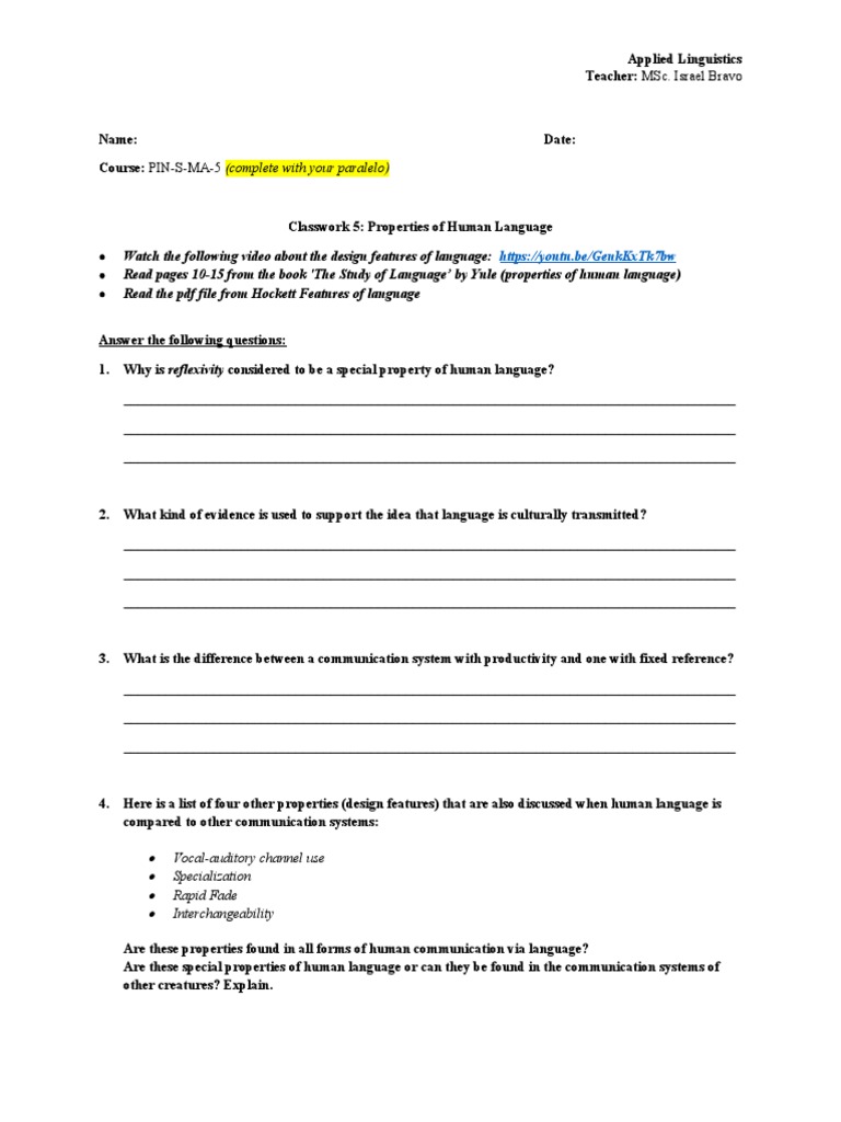 Classwork 5 Properties of Human Language | PDF | Cognitive Psychology ...