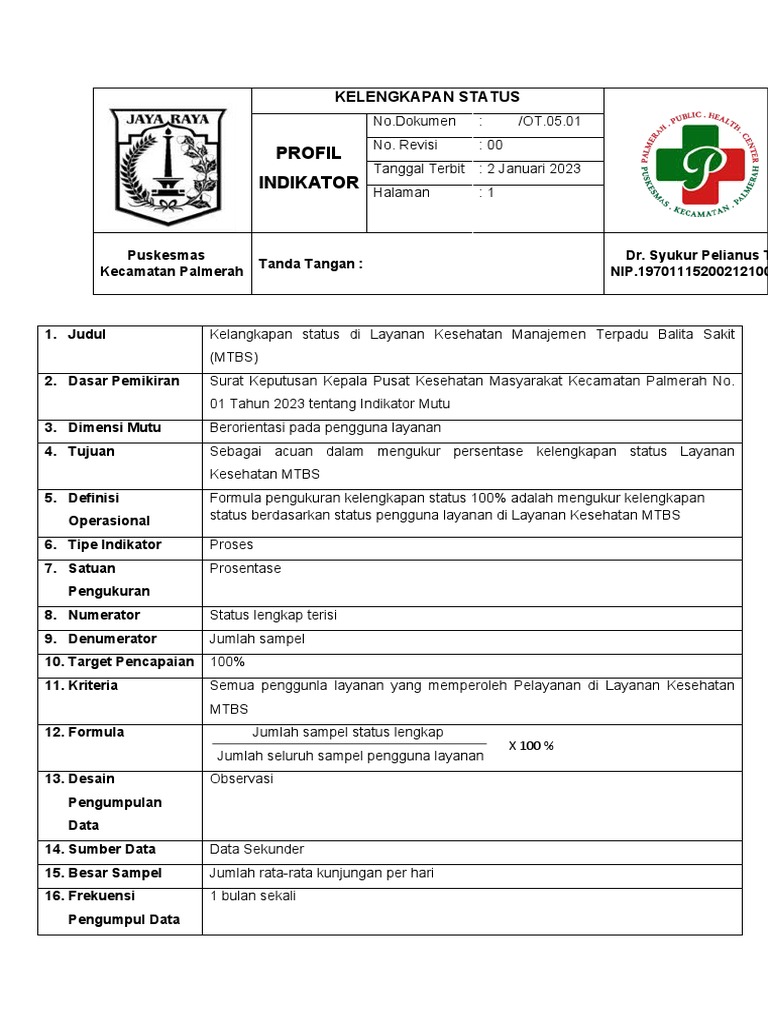 Profil Indikator Mutu 2023 Kelengkapan Status MTBS | PDF
