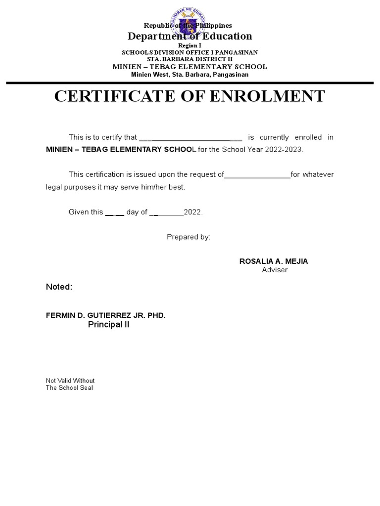 Certificate of Enrolment Official Form | PDF