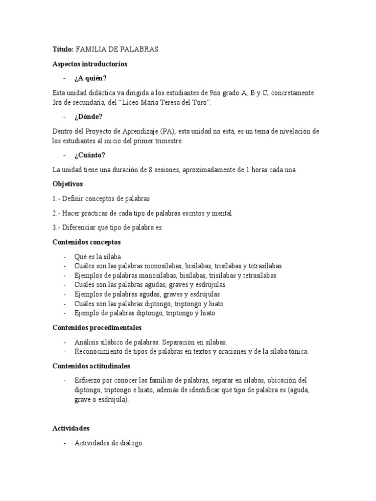 UNIDAD DIDÁCTICA | PDF | Sílaba | Palabra
