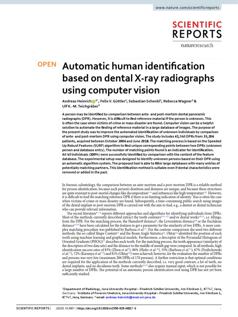Automatic Human Identification Based On Dental X-Ray Radiographs Using Computer Vision | PDF ...
