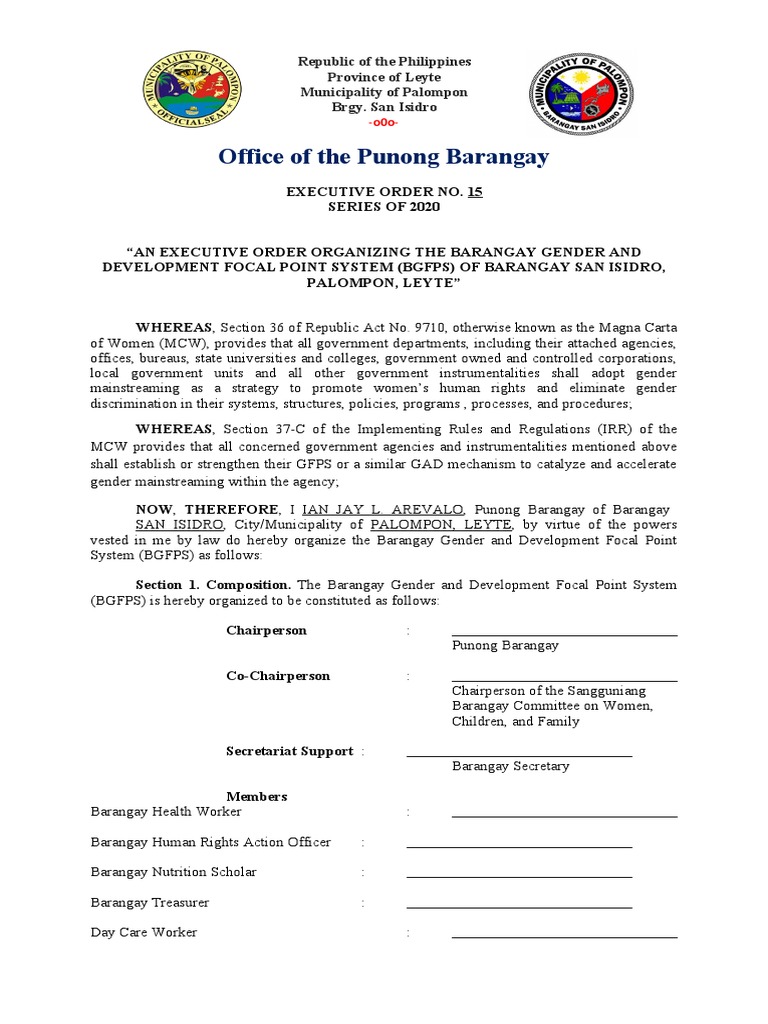 Barangay GAD Focal Point System Order | PDF | Gender Mainstreaming ...