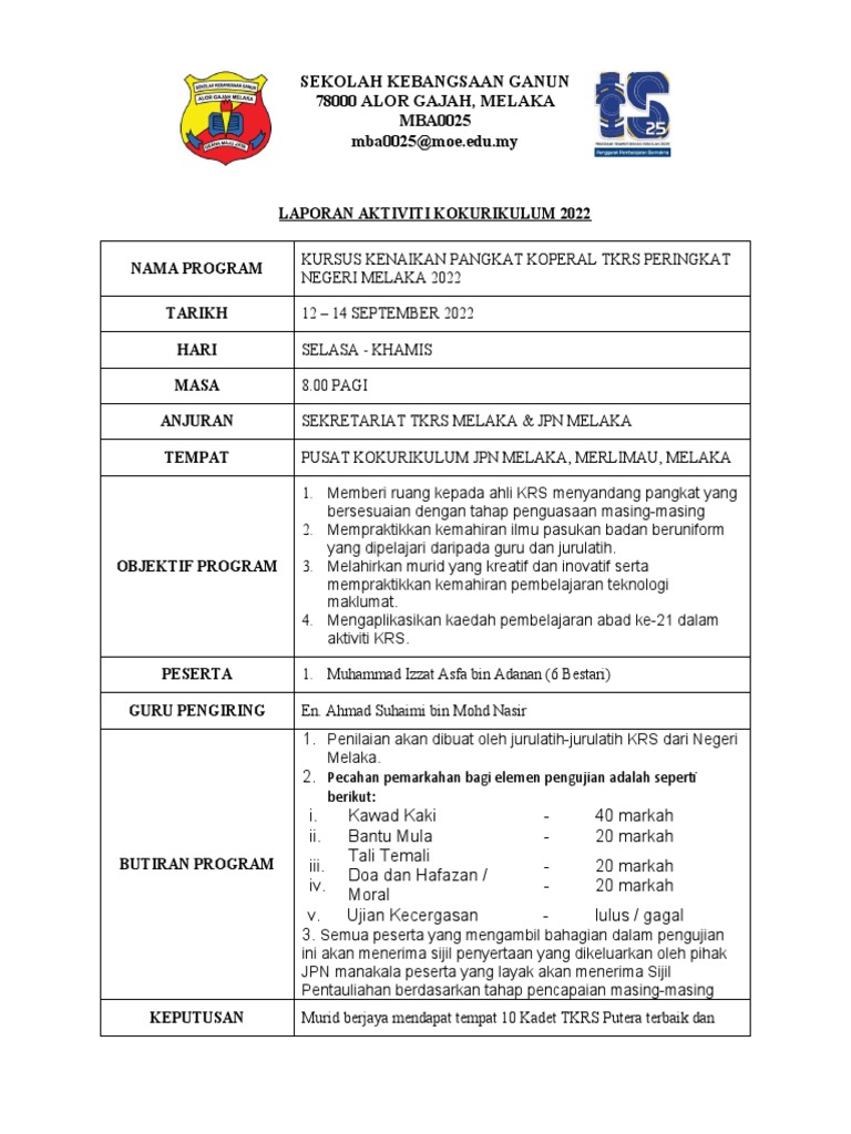 Laporan Aktiviti Kokurikulum 2022 - TKRS | PDF