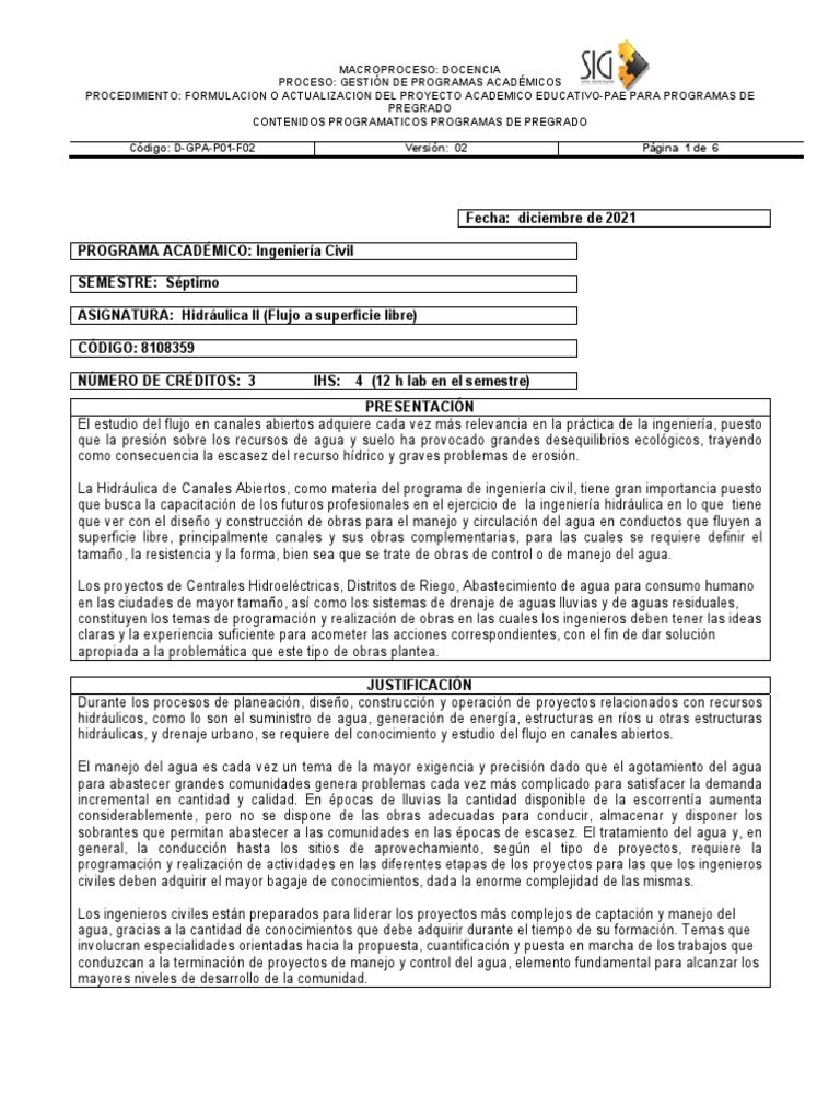 Sem7 Hidraulica 2 | PDF | Agua | Ecuaciones