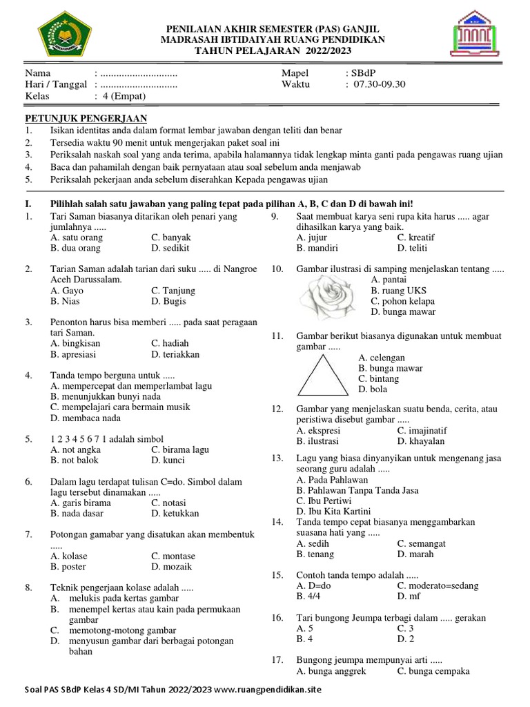 Soal PAS SBdP Kelas 4 SD/MI | PDF