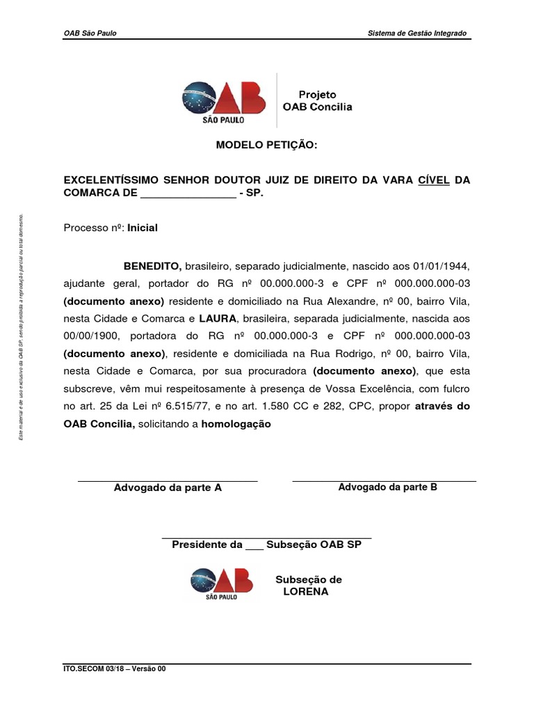 Modelo de de Peticao Projeto OAB Concilia | PDF | Direito Comum | Justiça