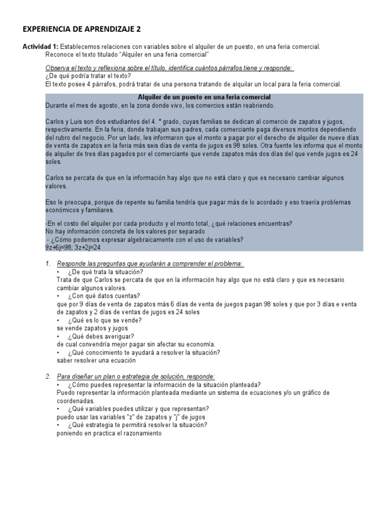 Experiencia de Aprendizaje 2 | PDF | Ecuaciones | Aprendizaje