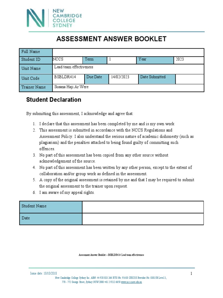 Task 1 Assessment Answer Booklet - BSBLDR414 | PDF | Leadership ...