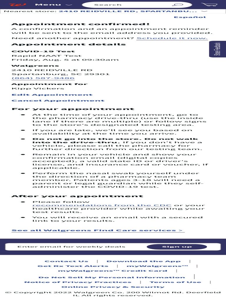 COVID-19 Testing Confirm Appointment Walgreens | PDF